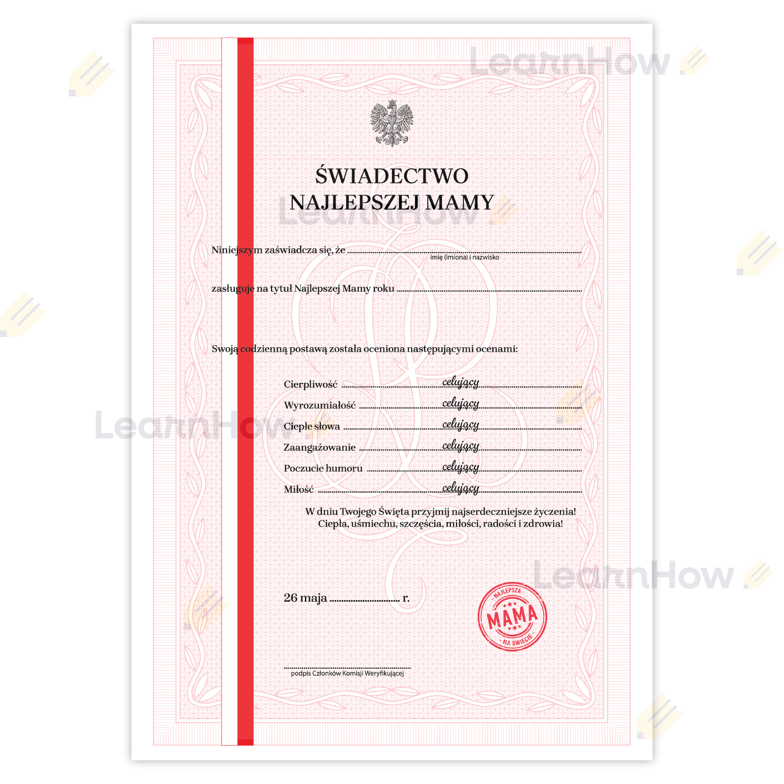 DYPLOM OKOLICZNOŚCIOWY - ŚWIADECTWO NAJLEPSZEJ MAMY LearnHow